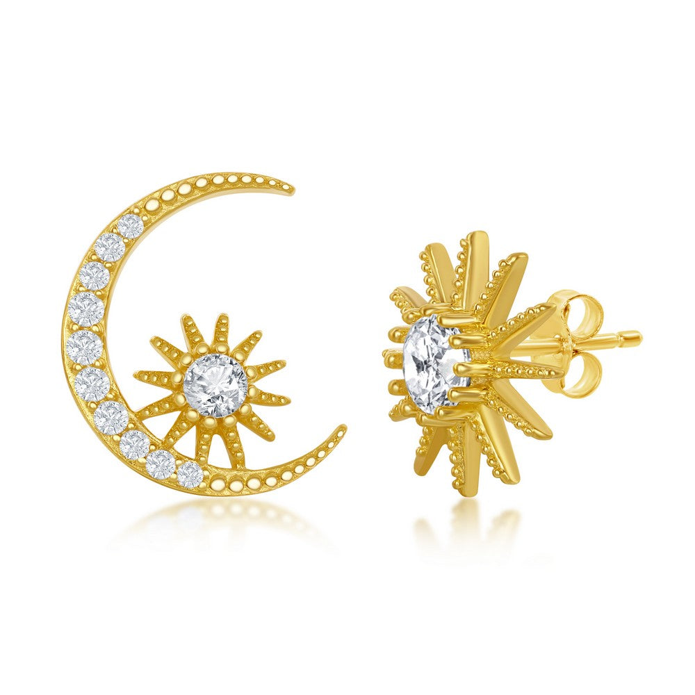 Sterling Silver with Yellow Gold Overlay CZ Sun and Moon Stud Earrings